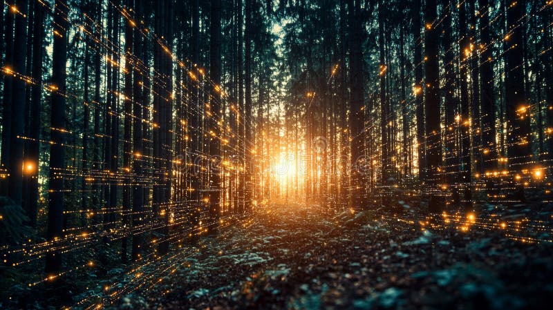 Glowing Digital Data Streams in Forest at Sunrise Stock Photo - Image ...