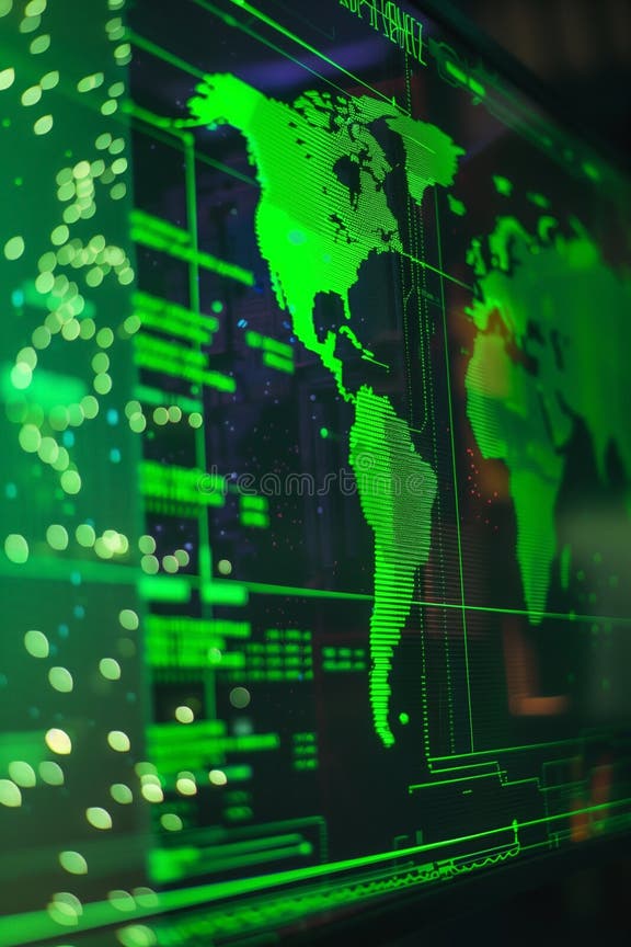 Digital World Map Displayed on a Computer Screen with Bright Green ...