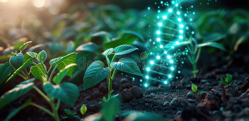 A Glowing Digital DNA Strand Rising among Young Plants in a Field ...