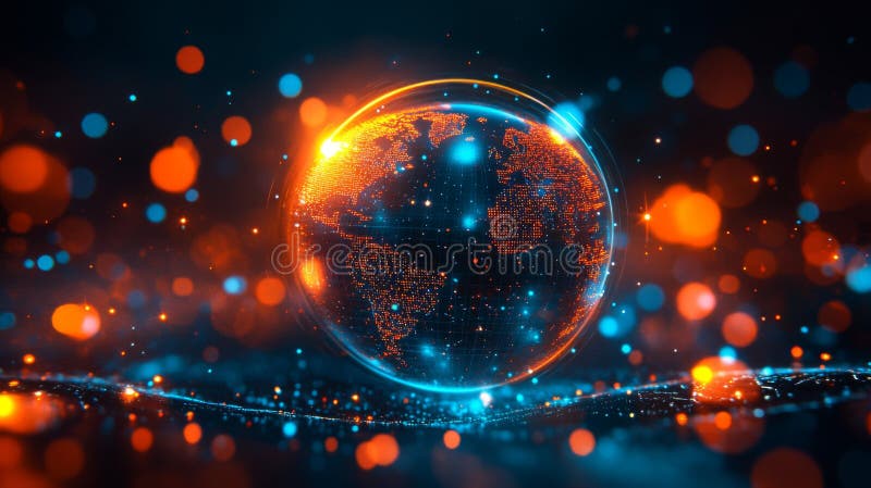 Glowing Digital Earth Globe with Orange and Blue Lights Stock ...