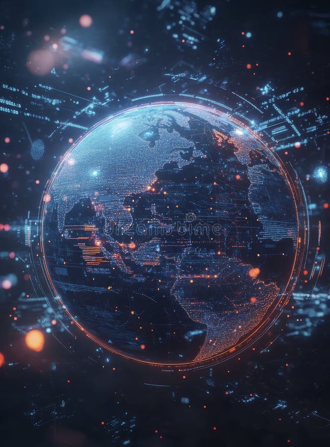 Glowing Digital Earth with Light Trails in Dark Space Stock ...