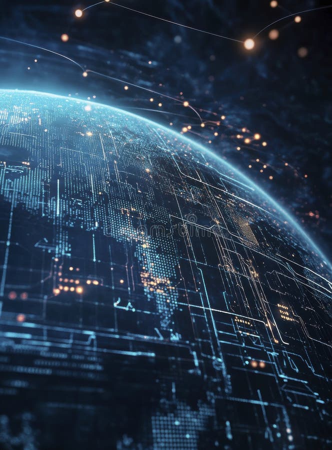 Glowing Digital Earth at Night Global Network Visualization Stock ...