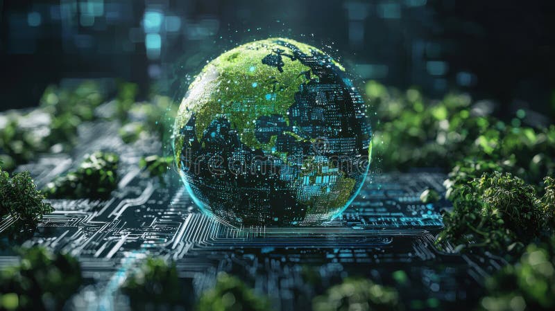 Glowing Digital Earth Surrounded by Greenery Symbolizes Sustainable ...