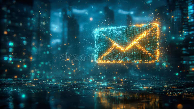 Glowing Digital Envelope in Futuristic Cityscape Concept of ...