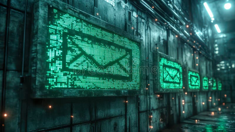 Glowing Digital Envelope Icons on Futuristic Wall in Dark Cyber ...