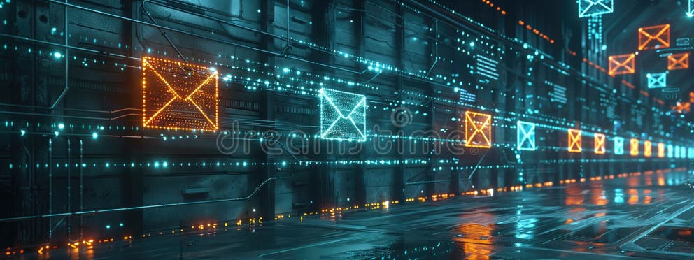 Glowing Digital Envelopes Float Amidst a Futuristic Data Network with ...
