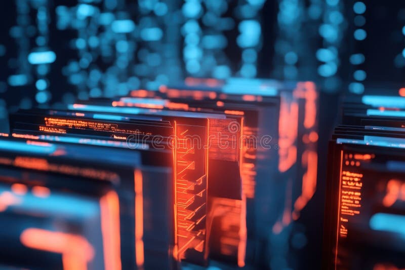 Digital Data Storage System Visualized with Glowing Files in a ...