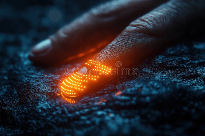 Finger Touching Surface with Glowing Digital Fingerprint Scanner Stock ...