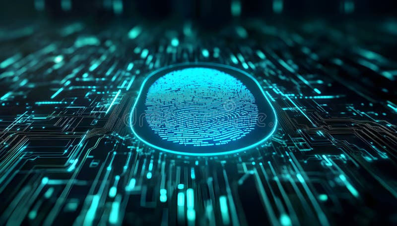 Glowing Digital Fingerprint with Circuit Connections on Dark Background Stock Image - Image of ...