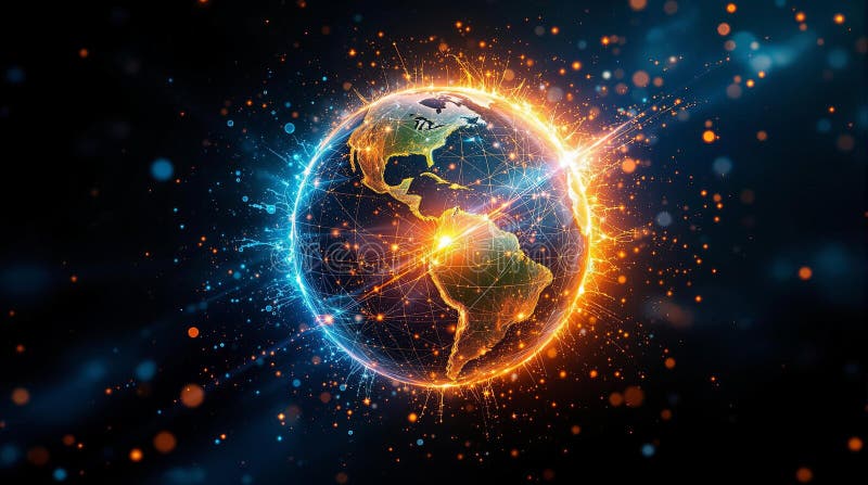 Glowing Digital Globe with Dynamic Sparks and Connected Network Stock ...