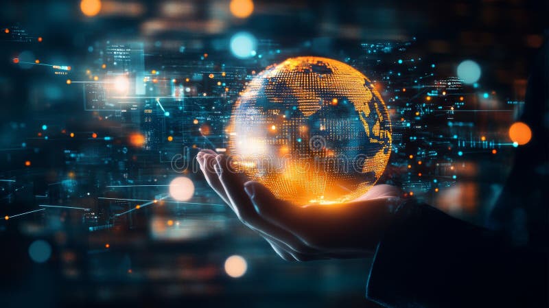 Glowing Digital Globe in Hand with Futuristic Data Overlay Stock Image ...