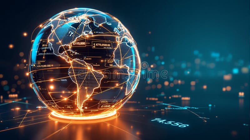 A glowing digital globe shows interconnected lines and data points ...
