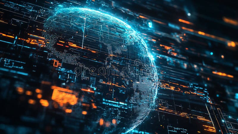 Glowing Digital Globe Visualizing Technology and Data Networks in Space ...