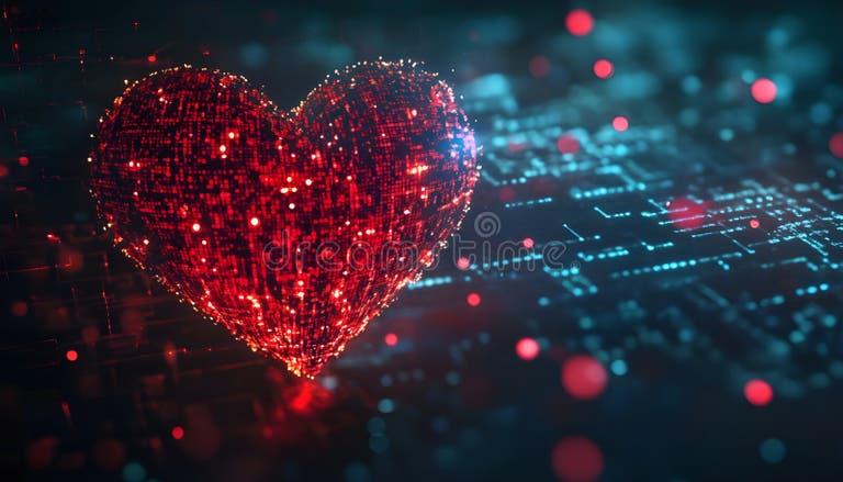 Glowing Digital Heart Made of Red Code Streams, Binary Data. Futuristic, Abstract Design ...