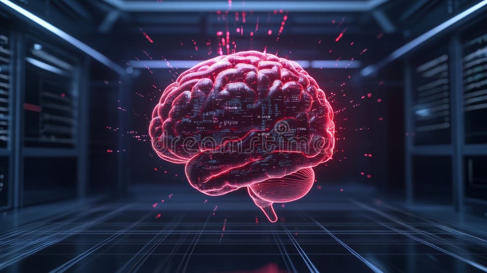 Glowing Digital Human Brain Processing Data in Server Room Stock Image ...