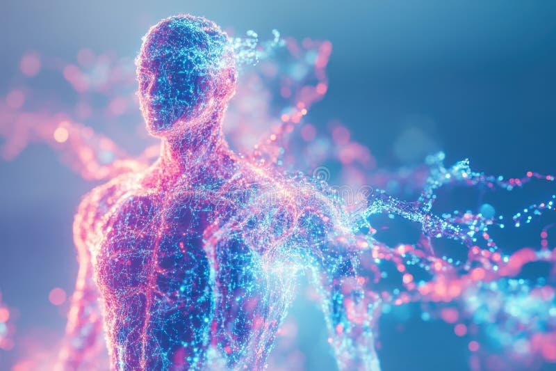 A Glowing Digital Human Figure Illuminated with Colorful Particles in a ...