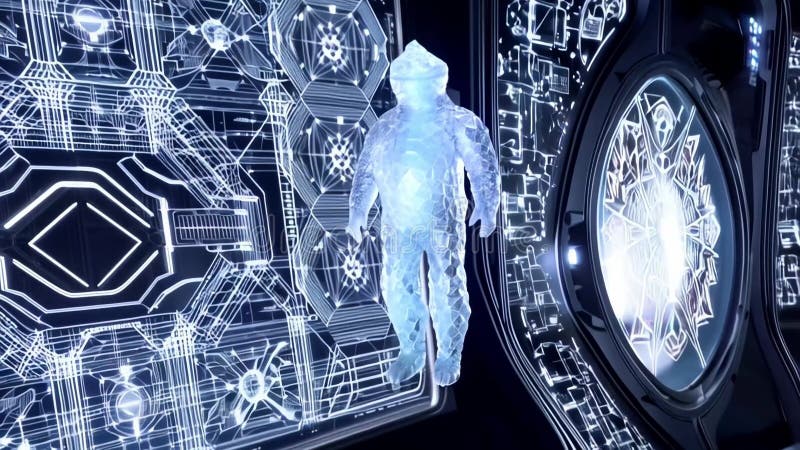Glowing Digital Human Figure Materializes Complex Tech Background ...