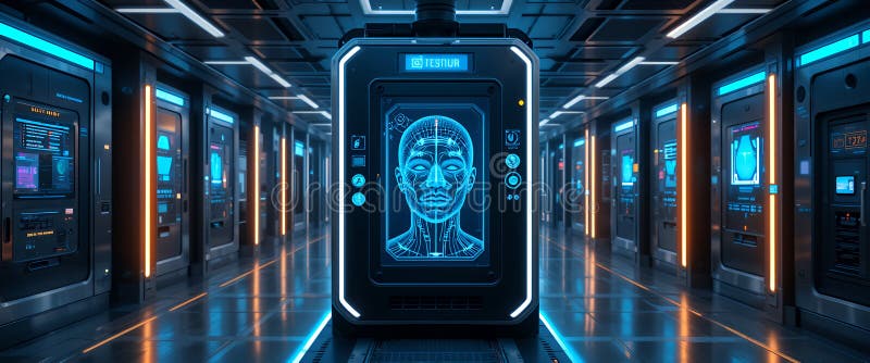 Luminous Digital Humans in Modern Gallery: Red and Blue Network Figures ...