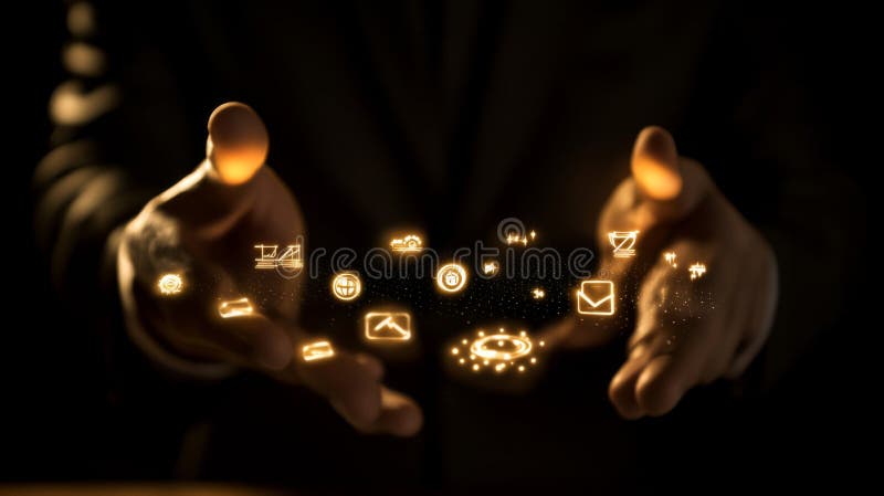Glowing Digital Icons Hovering Over Hands in Dark Background Stock ...