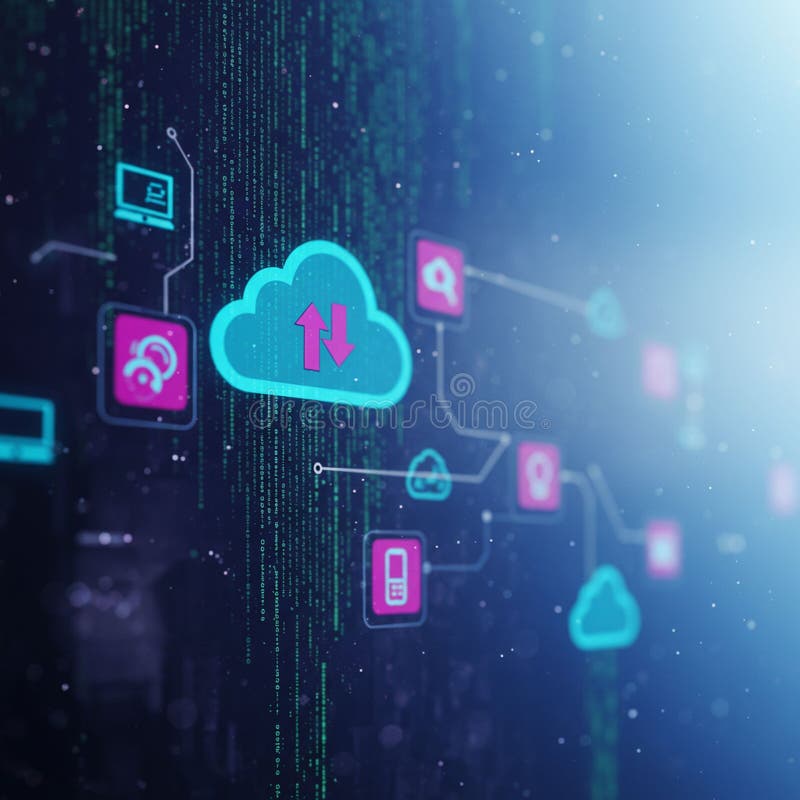 Glowing Digital Illustration Featuring a Blue Cloud Icon with Red Arrows, Representing Stock ...