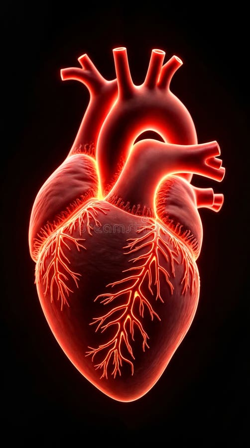 Glowing Digital Illustration of a Human Heart Showing Vascular System ...