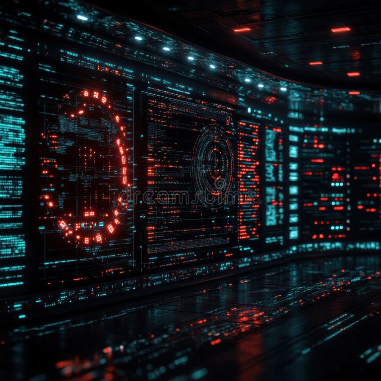 Glowing Digital Interfaces Illuminate a High-tech Data Center Corridor ...