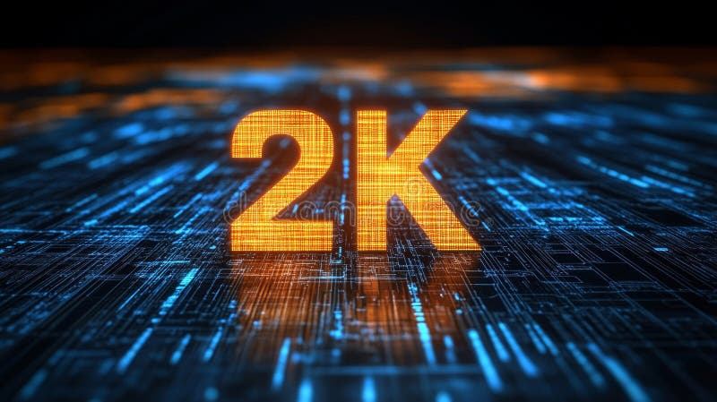 Glowing Digital 2K Resolution Sign on Futuristic Circuit Board ...