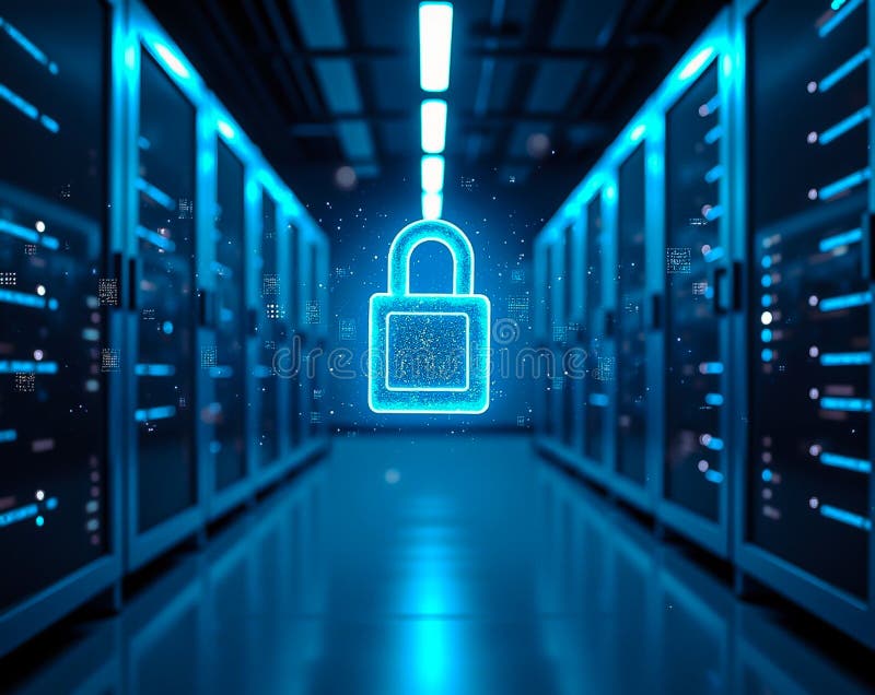 Glowing Digital Lock in Data Center Server Corridor Stock Illustration ...