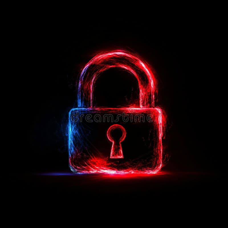 Glowing Digital Lock Icon with Red and Blue Neon Effects on Black ...