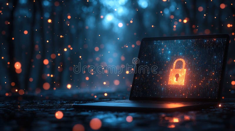 Glowing Digital Lock on Laptop in Enchanted Forest with Bokeh Lights ...
