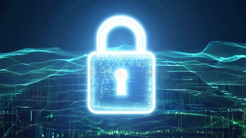 Digital Lock Symbol Glowing in a Secure Network Environment with Waves ...