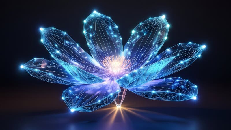 Glowing Digital Lotus Flower with Geometric Wireframe and Light Effect ...