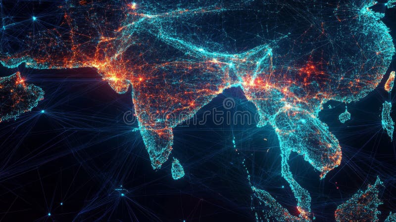 Glowing Digital Map of Asia Highlighting India Network Connections ...