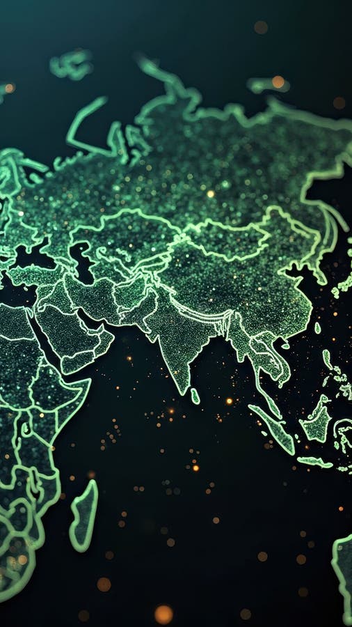 Glowing Digital Map of Asia with Illuminated Borders and Points of ...