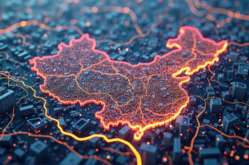 Glowing Digital Map of China with Illuminated Streets and Buildings ...