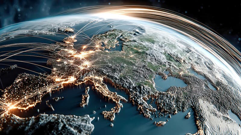 Glowing Digital Map Representing Global Data and Communication Networks ...