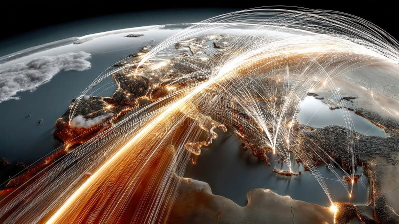 Glowing Digital Map Representing Global Data and Communication Networks ...