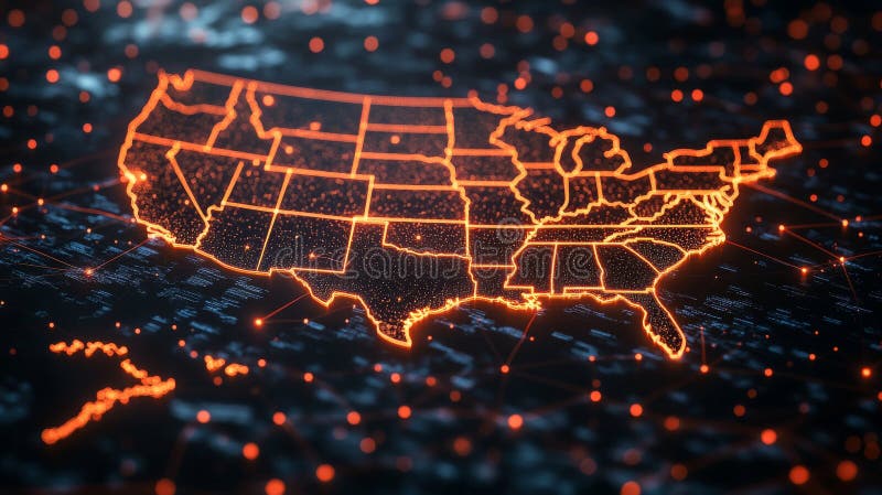 Glowing Digital Map of the United States with Highlighted Borders and ...