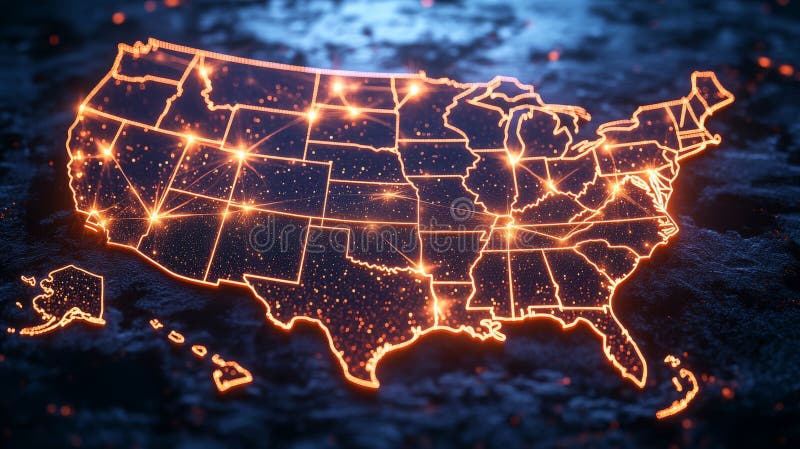 Glowing Digital Map of the United States with Highlighted Points and ...