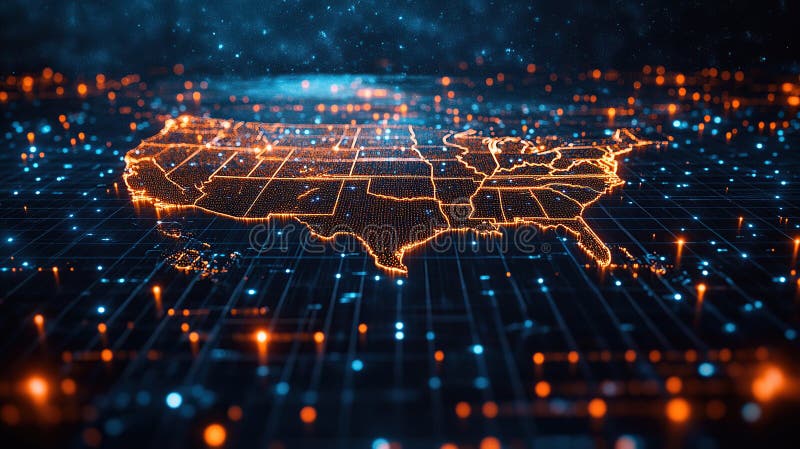 Glowing Digital Map of USA, Network Connections Stock Illustration ...