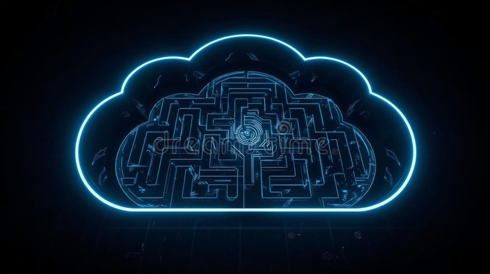 Futuristic Digital Cloud Shaped Maze with Neon Light, Cybersecurity and ...