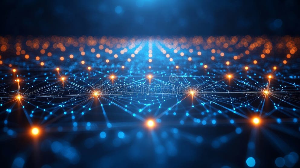 Glowing Digital Network with Blue and Orange Connection Points ...