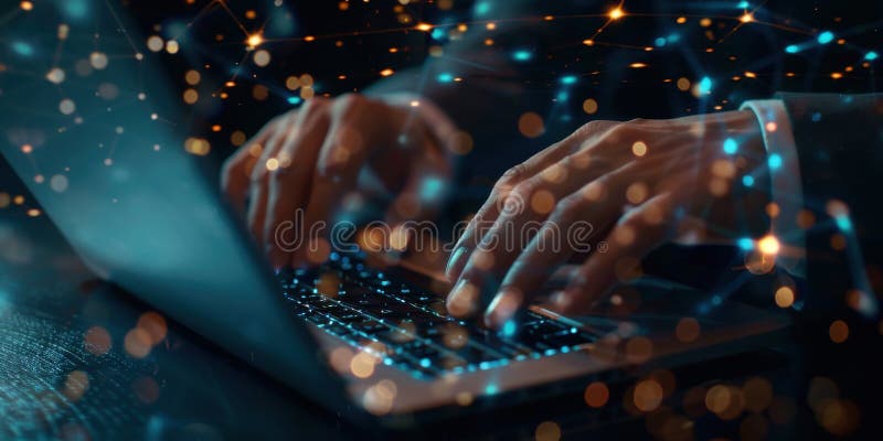 Businessman Typing on Laptop with Digital Network Effect Stock ...