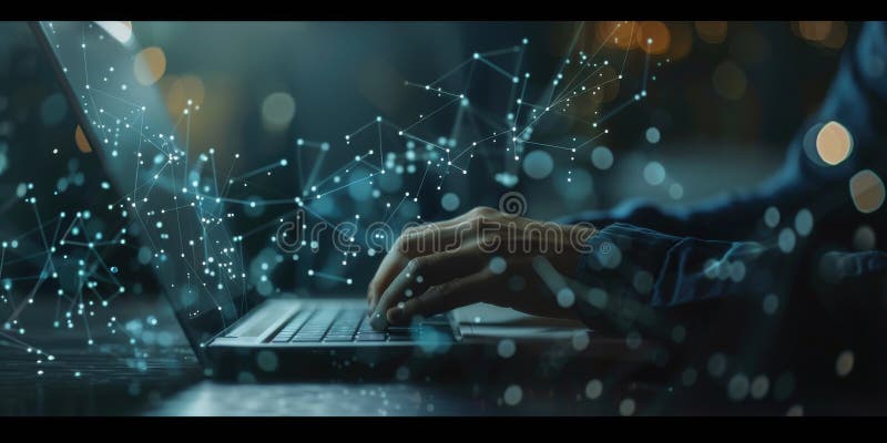 Fingers Hover Above Laptop Keyboard with Glowing Network Connections ...