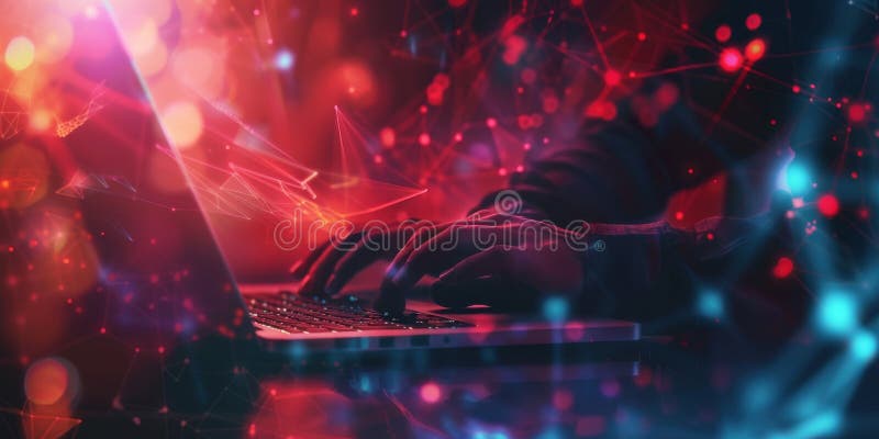 Mysterious Hacker in Red Cyberspace Using Laptop To Commit Digital ...