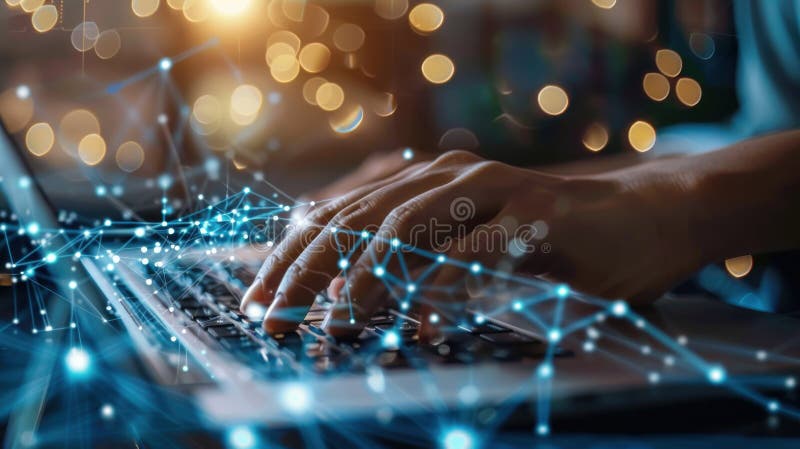 Glowing Digital Network of a Person Typing on a Laptop Keyboard Stock ...