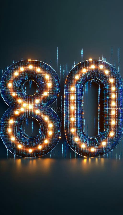 Glowing Digital Number 80 with Circuit Board Style on Futuristic ...