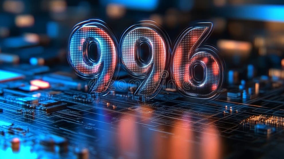 Glowing Digital Number 996 Display on Blue Circuit Board, Technology ...