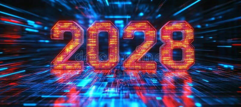 Glowing Digital Number 2028 on Futuristic Background, Technology and ...