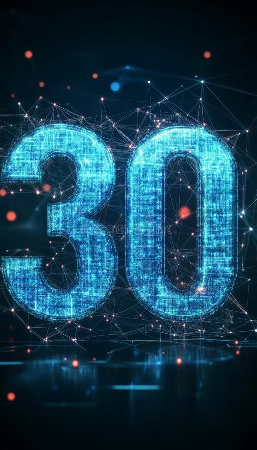 Glowing Digital Number 30 with Futuristic Blue Lines and Particles ...